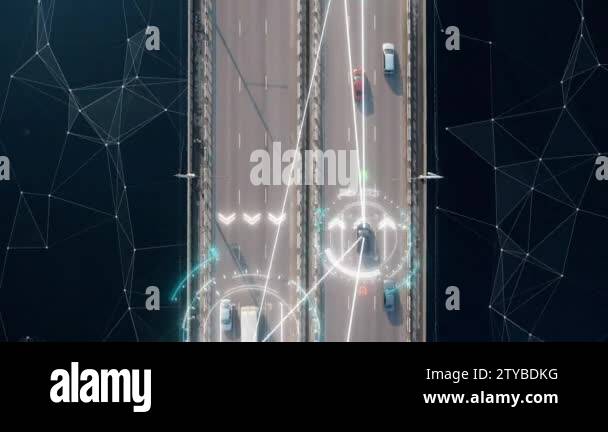 4k aerial view of driverless or autonomous car. Traffic passing by a ...