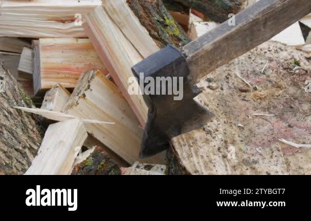 Man woodcutter chops tree trunks with an ax for firewood Stock Video ...