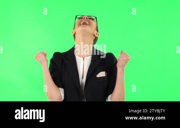 Very surprised girl with shocked wow face expression. Green screen ...