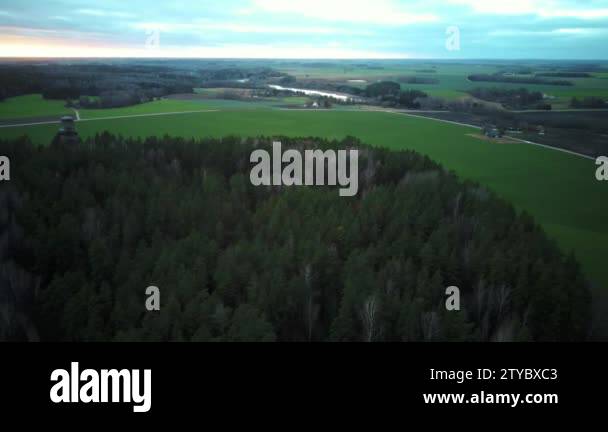 Sunrise Aerial View of Wooden Observation Tower in the Forest in ...