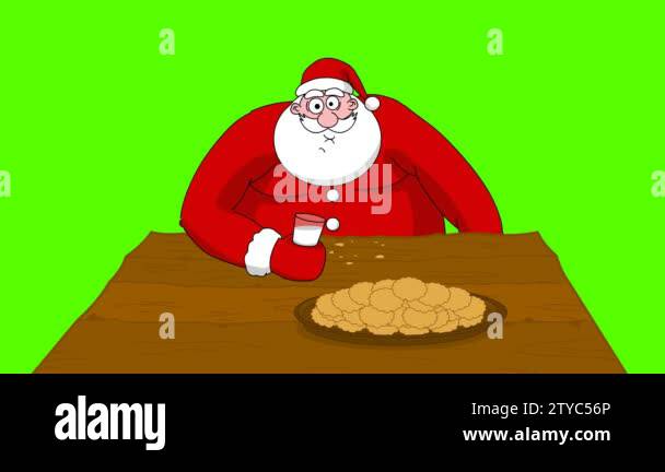 Big fat Santa Claus eating cookies and drinking milk. Green screen ...