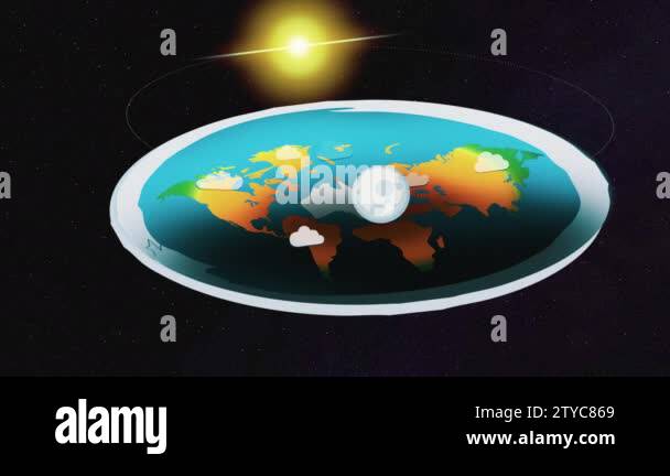 Motion illustration of a flat Earth floating in space, while sun and ...