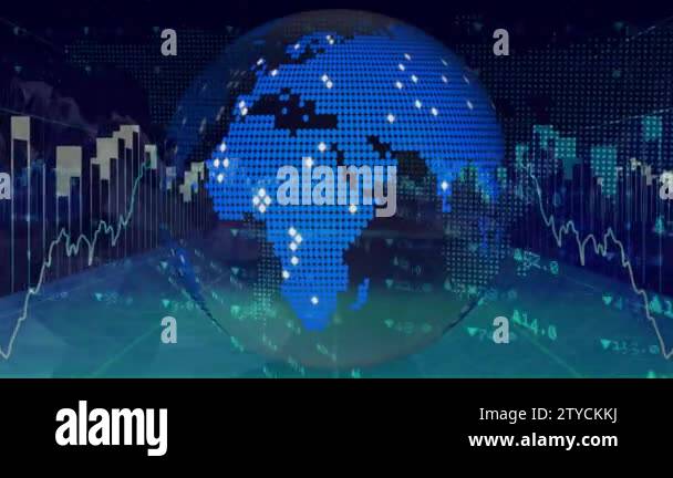Digitally animated of spinning earth globe surrounded by price stock ...