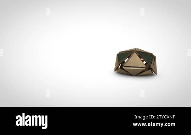 3D animation of a set of geometric shapes made of metal falling on a ...