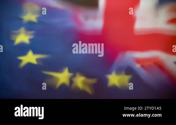 UK Union Jack and European Union EU flags reflected in slow motion ...