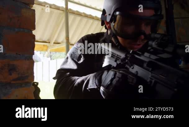 Front view of caucasian soldiers conduct military exercise at military ...