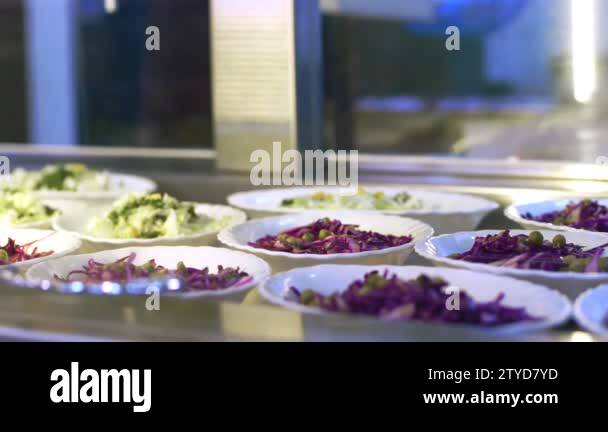 close-up, showcase with salads in canteen, mess hall, cafeteria, Food ...