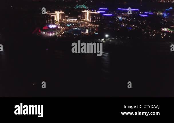 Beautiful hotel at night with lights. Video. Top view of the luxury ...