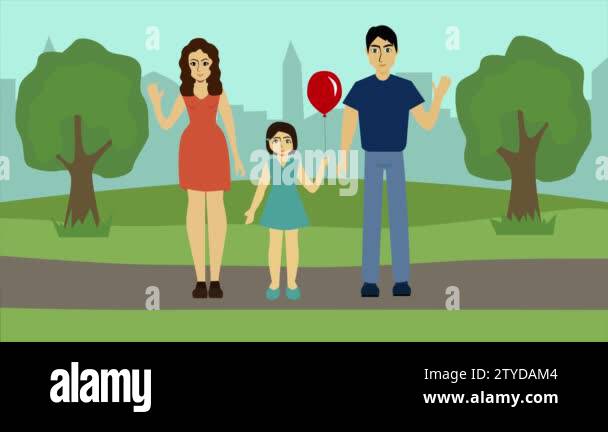 2D animation, happy Caucasian family standing in park, waving at camera ...