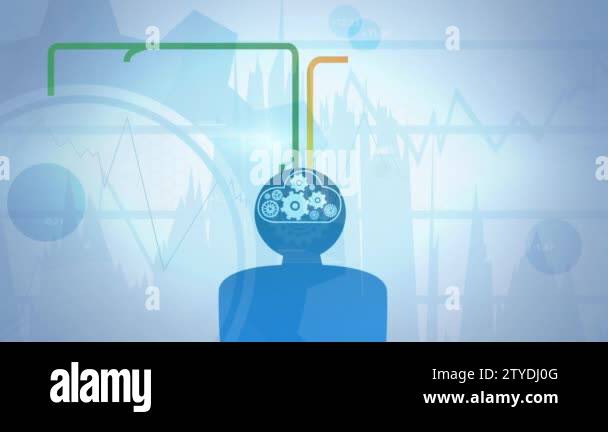 Digital composite of animated human with cogs in brain showing ...