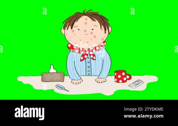 Sick boy with chickenpox, measles, rubeola or skin rash standing behind ...
