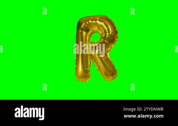 Big Letter R from alphabet helium gold balloon floating on green screen ...