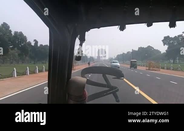 Delhi India - October 10 2010: View from the inside of an auto rickshaw ...