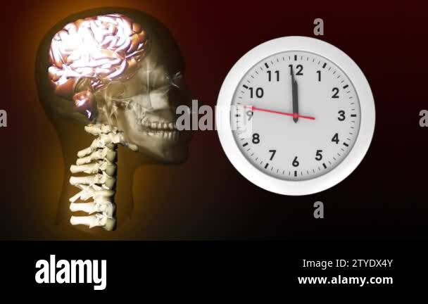 Digitally generated clock with hands moving while anatomy of human head ...