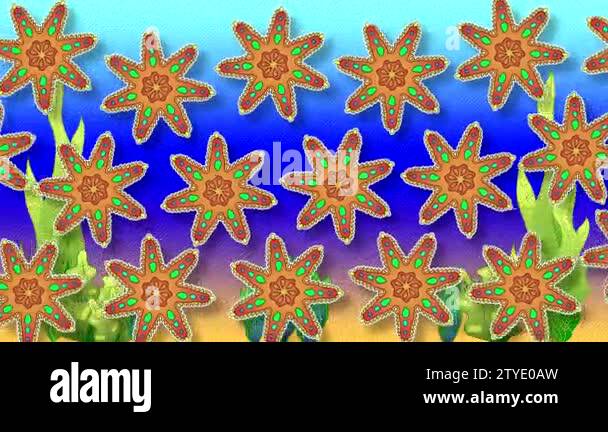 Abstract animated film with sea animals swimming horizontally with ...