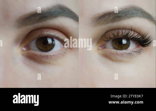 Eyelash Extension. Comparison of female eyes before and after. split ...