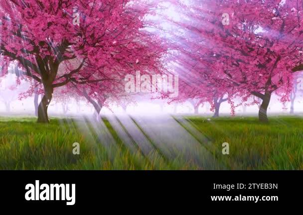 Peaceful spring scenery with sakura cherry trees in full blossom ...