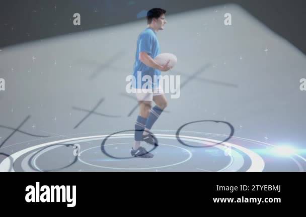 Digital composite of side view animation of rugby player running in ...