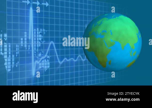 Digital composite of globe turning around itself with grid cardiogram ...