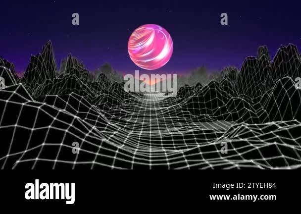 Hipster game from 80s cyber futuristic motion graphics. Digital oldschool game landscape wave ...