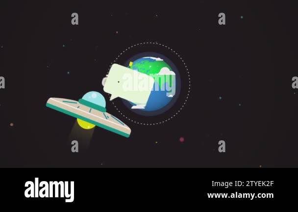 Flying UFO with a place for message on the Earth globe in outer space ...