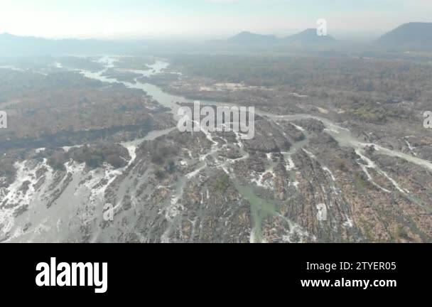 Aerial: flying over Don Det and the 4000 islands Mekong River in Laos ...