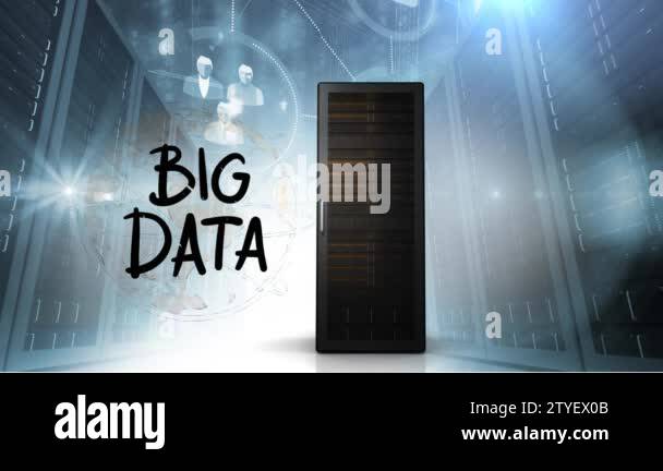 Digital animation of a server tower beside an illustration of cloud ...