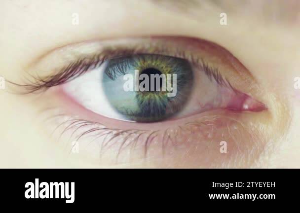 Beautiful Blue Eye of Young Woman Looking Around and Blinking. Pupil ...
