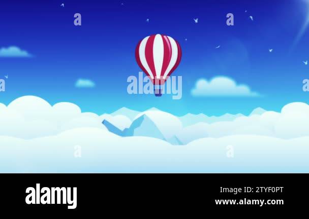 Animation moving of clouds in cartoon style with air balloon and birds ...