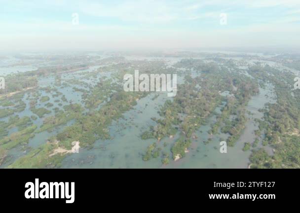 Aerial: flying over Don Det and the 4000 islands Mekong River in Laos ...