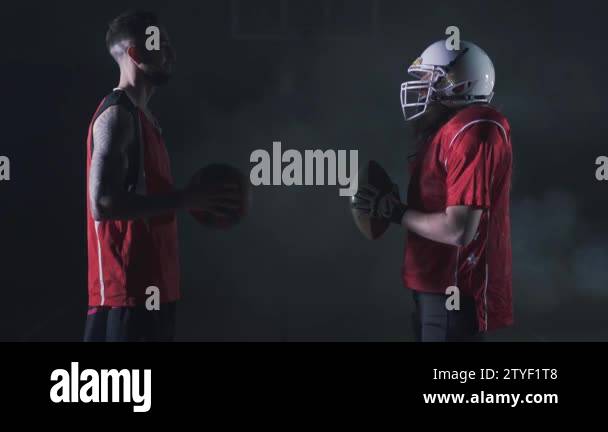 Multi sports collage with basketball, American football players stand ...