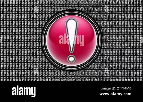 Attention icon. Binary code ( array of bits ) in the screen. Looping ...