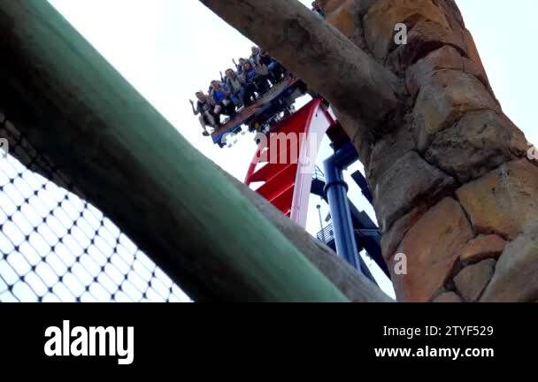 close up roller coaster in slow motion busch gardens sheikra Stock ...
