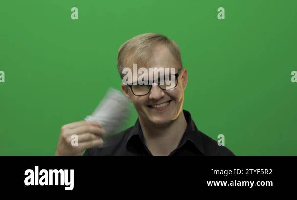 Man received paper money for a major deal. Counting money green screen ...