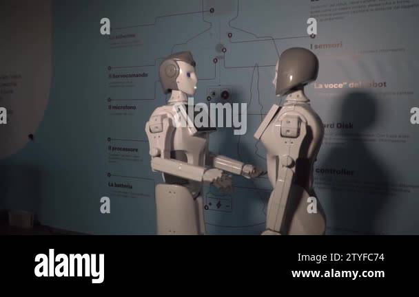 The robot shows emotions. Artificial Intelligence. Modern robotics. The robot looks and smiles ...