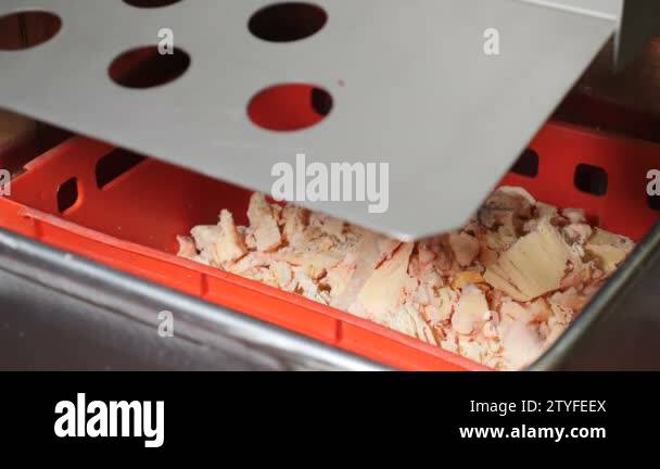 Meat chopper machine. Industrial sausages production process at meat ...