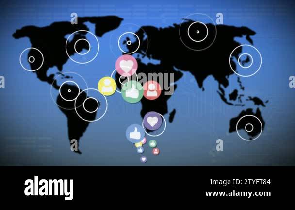 Digital animation of a world map with blinking locations, with a like ...