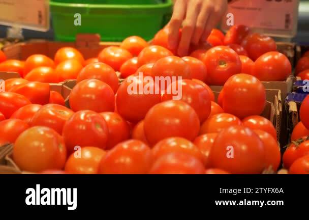 Young guy chooses tomatoes in a supermarket. A hand takes a red tomato ...