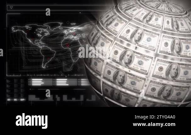 Digitally generated globe rotating with dollar bills on the surface ...