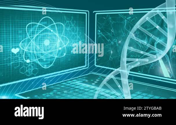Digitally generated DNA double helix rotating. Background shows two ...