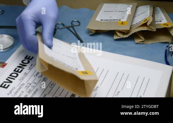 Scientific police officer examining evidence bags labeled in ballistic ...