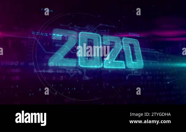 2020 Year of innovation hologram intro on dynamic digital background. Modern and futuristic 3D ...