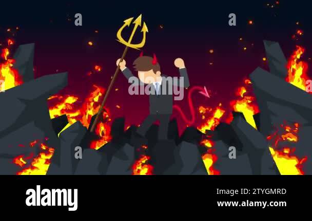 Cartoon devil flying on hell. Business character on burning wilderness ...