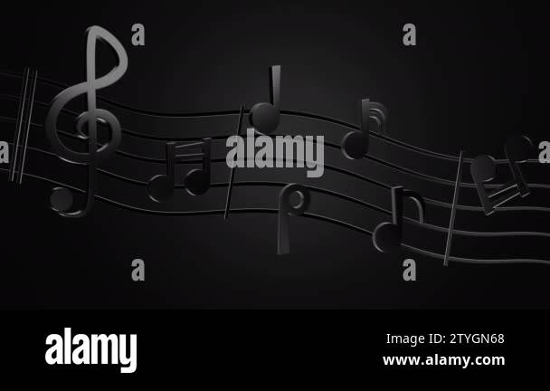 Black music notes and wave music lines in darkness background. 3D ...