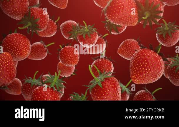 3D animation Strawberry. Fresh strawberries with green leaves on red ...