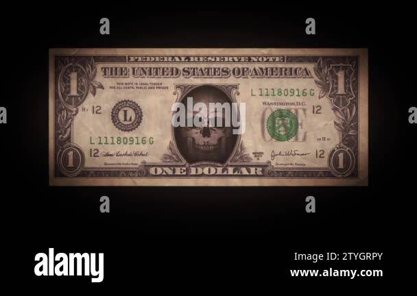 US Dollar Bill With Skullhead Inside And Glitch Effect/ 4k animation of ...
