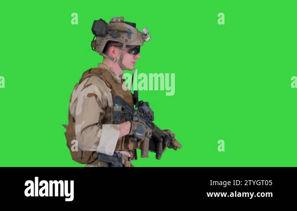 US Army ranger in uniform and weapon walking on a Green Screen, Chroma ...