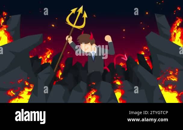 Cartoon devil flying on hell. Business character on burning wilderness ...