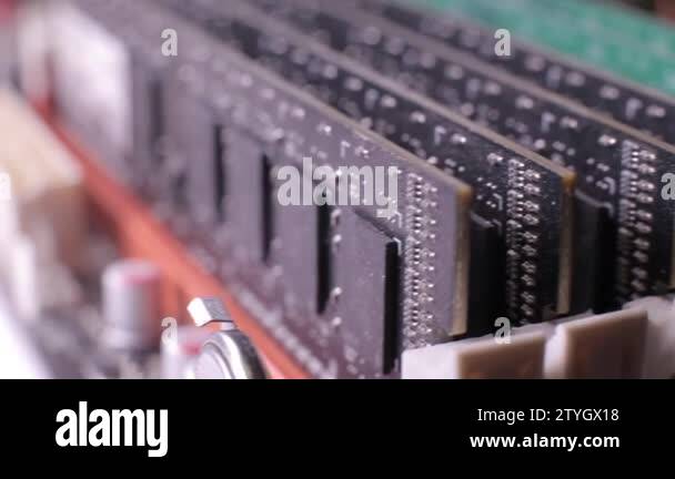 Macro view of DDR3 RAM memory modules installed on the motherboard ...