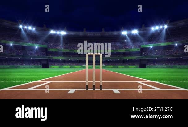 Night cricket field scene with moving spotlight shine and wooden ...